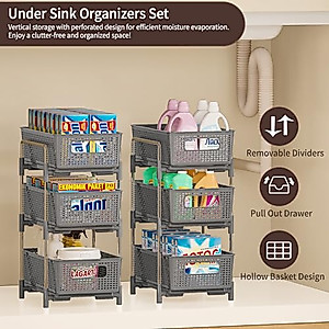 Bathroom Organizers and Storage, 2 Pcs 3 Tier Under Sink Organizer, Medicine Cabinet Organizers With Dividers, Pull Out Cabinet Organizer, Bathroom Cabinet Organizer and Storage, Kitchen Storage Grey