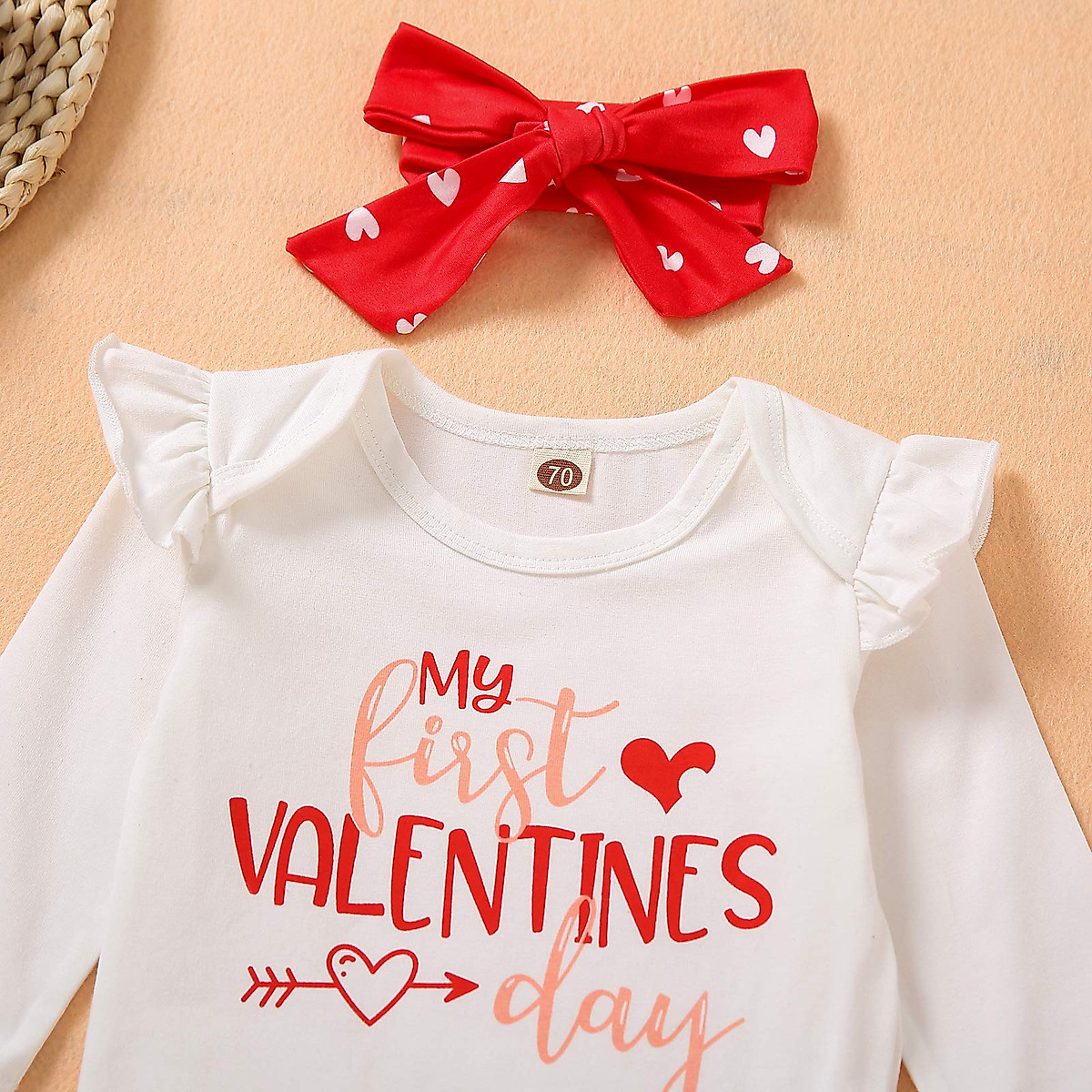 Baby Girls My First Valentine's Day Outfit Ruffles Long Sleeve Romper + Heart Suspenders Skirt Set(White, 6-9Months)