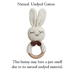 Natural Crochet Teether Toy Rattle for Baby Forest Friends Handmade Amigurumi Crochet Bunny Deer Fox on Natural Wooden Teething Ring Rattle Natural Baby Toys (Organic Bunny)