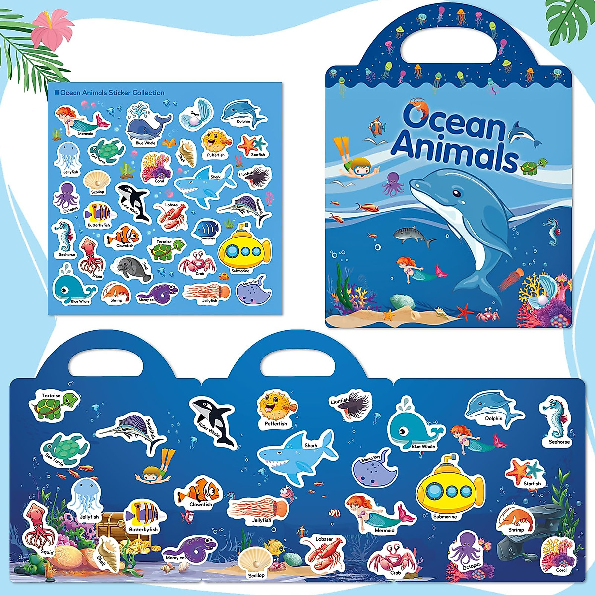 Reusable Sticker Books for Kids 3+ Years Old, Toddler Activity Sticker Book Busy Book Travel Toys for Girls Boys Gift (Farm, Ocean and Animals Theme)