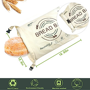 Tribe Glare Bread Bags for Homemade Bread, Organic Cotton Reusable Bread Bag with Fresh-keeping Linen, Baggette Boule Bag for Bakery Supplies and Food Storage, Khaki