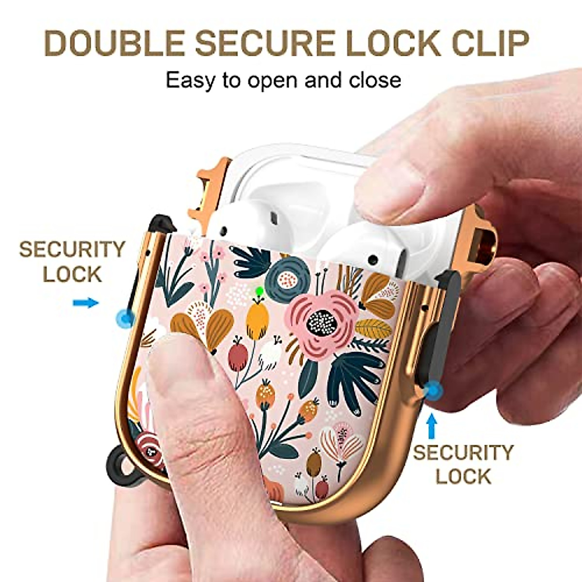 Maxjoy for Airpods Case Cover with Lock, Flower Airpod Case Lock Hard Protective Cute iPod Case for Women Men with Keychain Clip for AirPod 2nd 1st Generation Charging Case 2&1, Floral