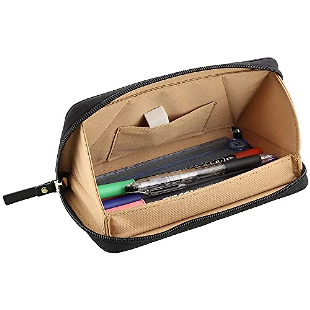 SUN-STAR FLat Pencil Case Compact, Cosmetic Makeup Pouch, Lay Flat Pen, Black