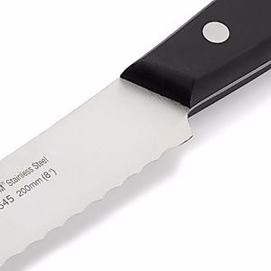 ARCOS Bread Knife 8 Inch Serrated Nitrum Stainless Steel and 200 mm blade. Kitchen Knife. Ergonomic Polyoxymethylene POM Handle. Series Bolonia. Color Black