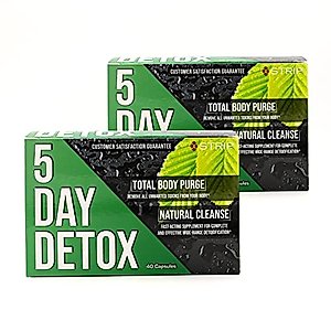 Strip 5 Day Permanent Detox Cleanse - Complete Body Cleansing Kit - Toxin Rid - Detox with Burdock, Dandelion, Red Clover Blossom, Alfalfa, Slippery Elm - 40 Capsules, 2 Pack