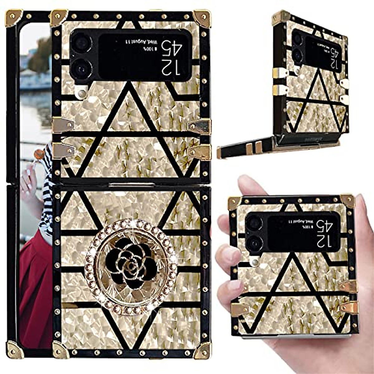 CCSmall Square Phone Case for Samsung Galaxy Z Flip3 with Ring Kickstand for Women Girly, Cute Elegant Metal Decoration Corner Soft TPU Case Cover for Samsung Galaxy Z Flip 3 BF Plaid Gold