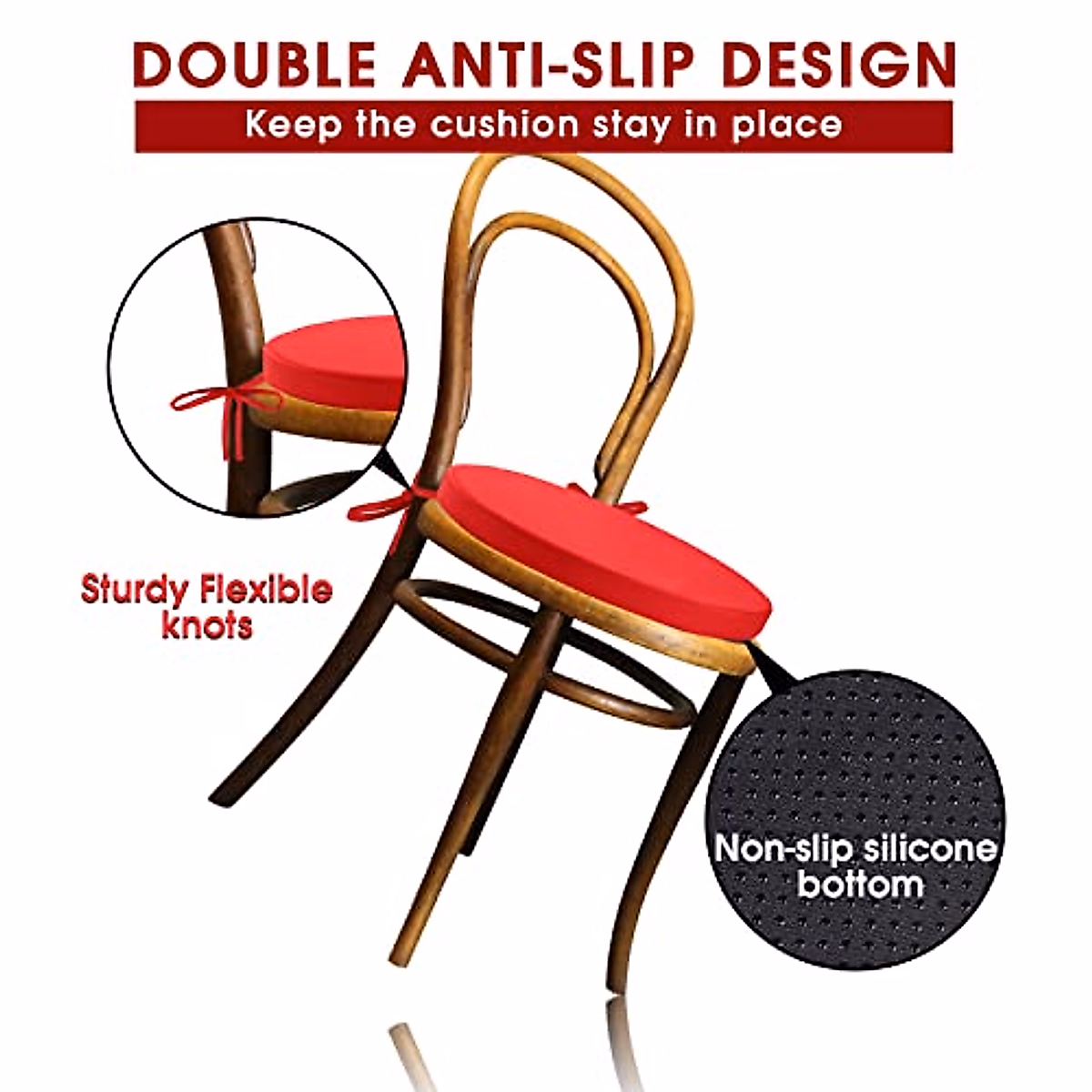 GUEGLSA Indoor Outdoor Round Chair Cushions 15 inch, Waterproof Bistro Seat Cushion with Ties ，Non Slip Circle Stool Chair Pads Set of 2, Red
