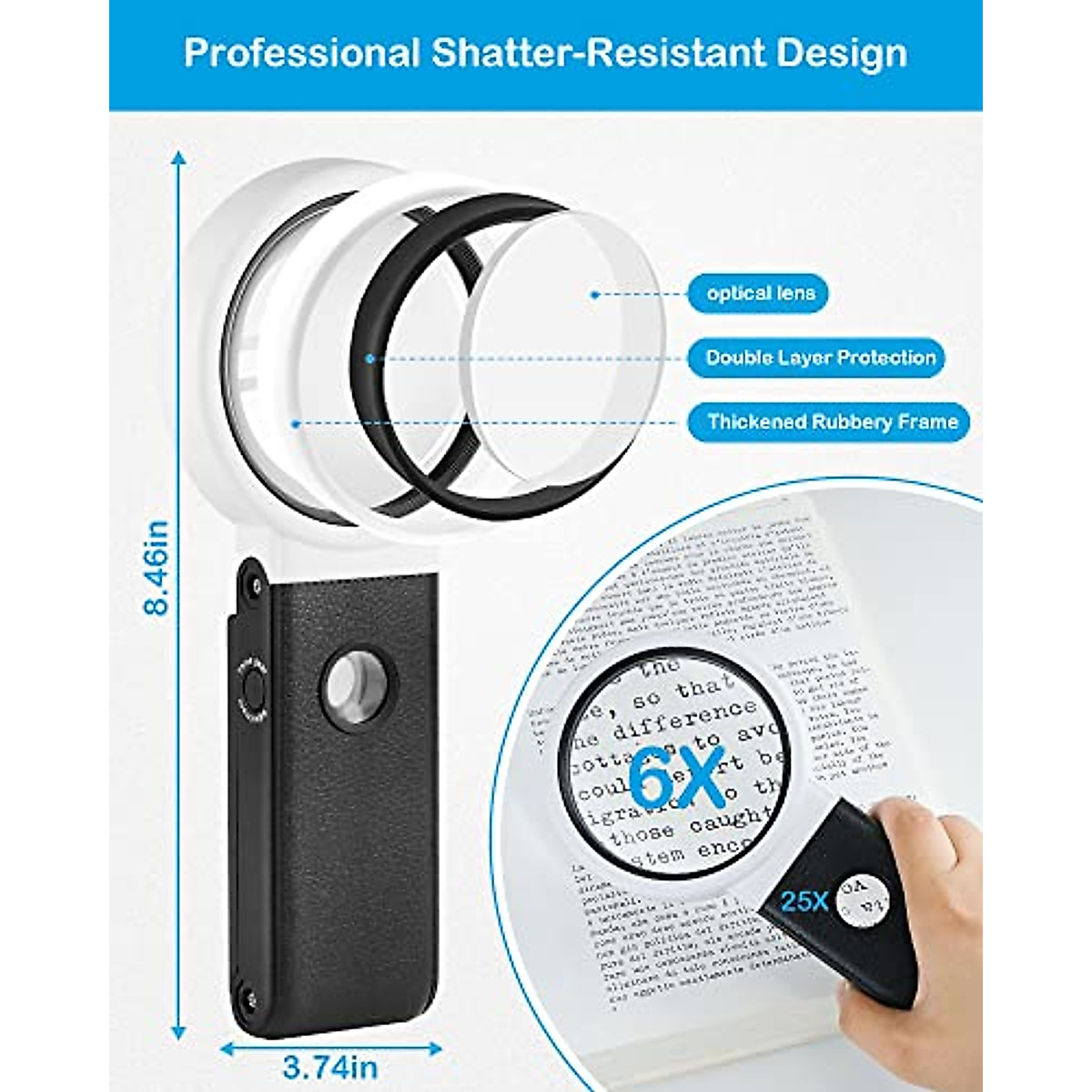 Wapodeai Magnifying Glass with Light, 6X 25X Magnifying Glass for Reading, Suitable for Reading, Jewellery, Crafts, Lnspection, Science, Seniors Read, Stamps, Map.