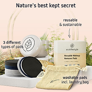 Ecolifestyle Reusable Makeup Remover Pads (20 Pack) - Reusable Cotton Rounds with Laundry Bag & Metal Storage Box | Eco-Friendly, Zero Waste | Bamboo, Terry & Charcoal Washable Face Pads