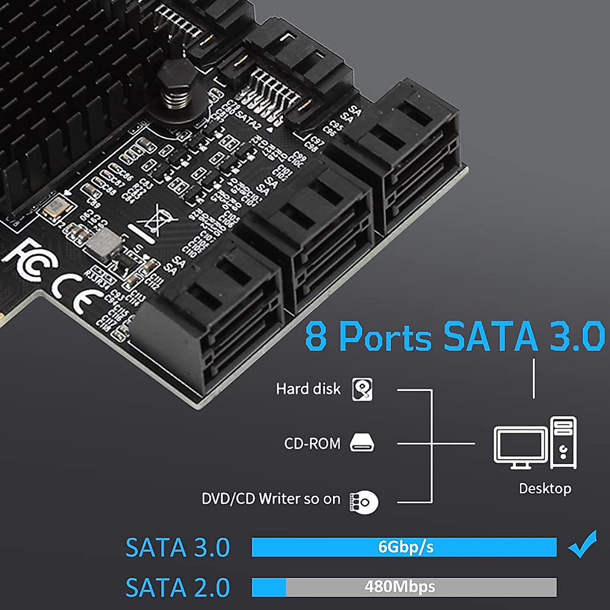 Heayzoki Ports PCI-E to SATA 3.0 Card,PCI Express PCI-e Expansion Card,PCI-E to SATA3.0 Controller Expansion Board,for 7/8/XP/10,with Driver Disc,Semi-High Baffle