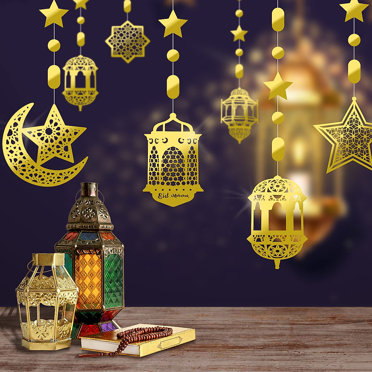 24 Pcs Ramadan Garland Eid Decoration Streamer Ramadan Mubarak Party Banner Star Moon Lantern Streamer Backdrop Shining Hanging Wall Decorations for Home Wedding Birthday Islam Party Decor (Gold)