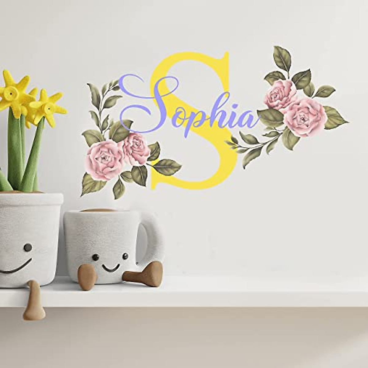 Name and Initial Peonies Wall Decal - Kids Wall Decor - WM33. Custom Name Removable Nursery Wall Decal for Girl - Flower Mural Wall Decal for Girls Bedroom