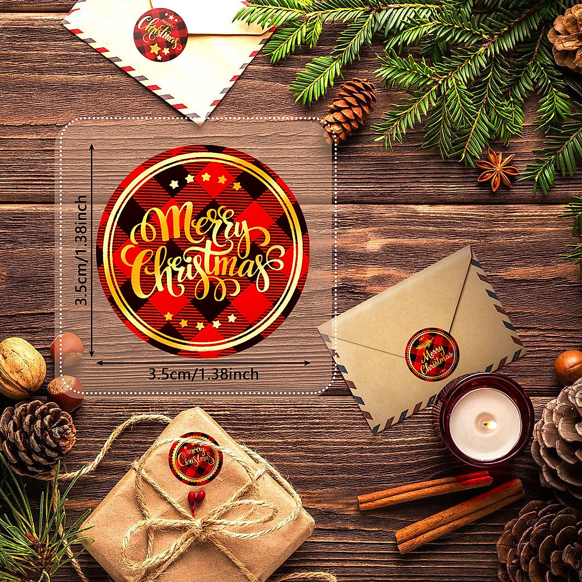 500 Pieces Christmas Envelope Stickers Christmas Stickers Envelope Seals Stickers Gold Foil Stamping on Red Buffalo Plaid Holiday Stickers Round Labels for Christmas Boxes Scrapbooking Decorations