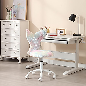 DAYALANE Faux Fur Kids Desk Chair with Wheels, Cute Mermaid Chair Armless Adjustable Task Office Chair, Upholstered Vanity Chair for Girls Teen Study Chair Swivel Chair, Light Rainbow
