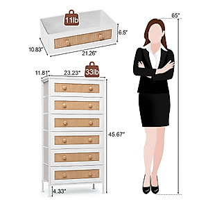 Crestlive Products Rattan Dresser Storage Tower, Tall Fabric Dresser, Chests of Drawers, Wood Top &Wood Handles - Organizer Unit for Bedroom, Hallway, Entryway, Closets - 6 Drawers (White)