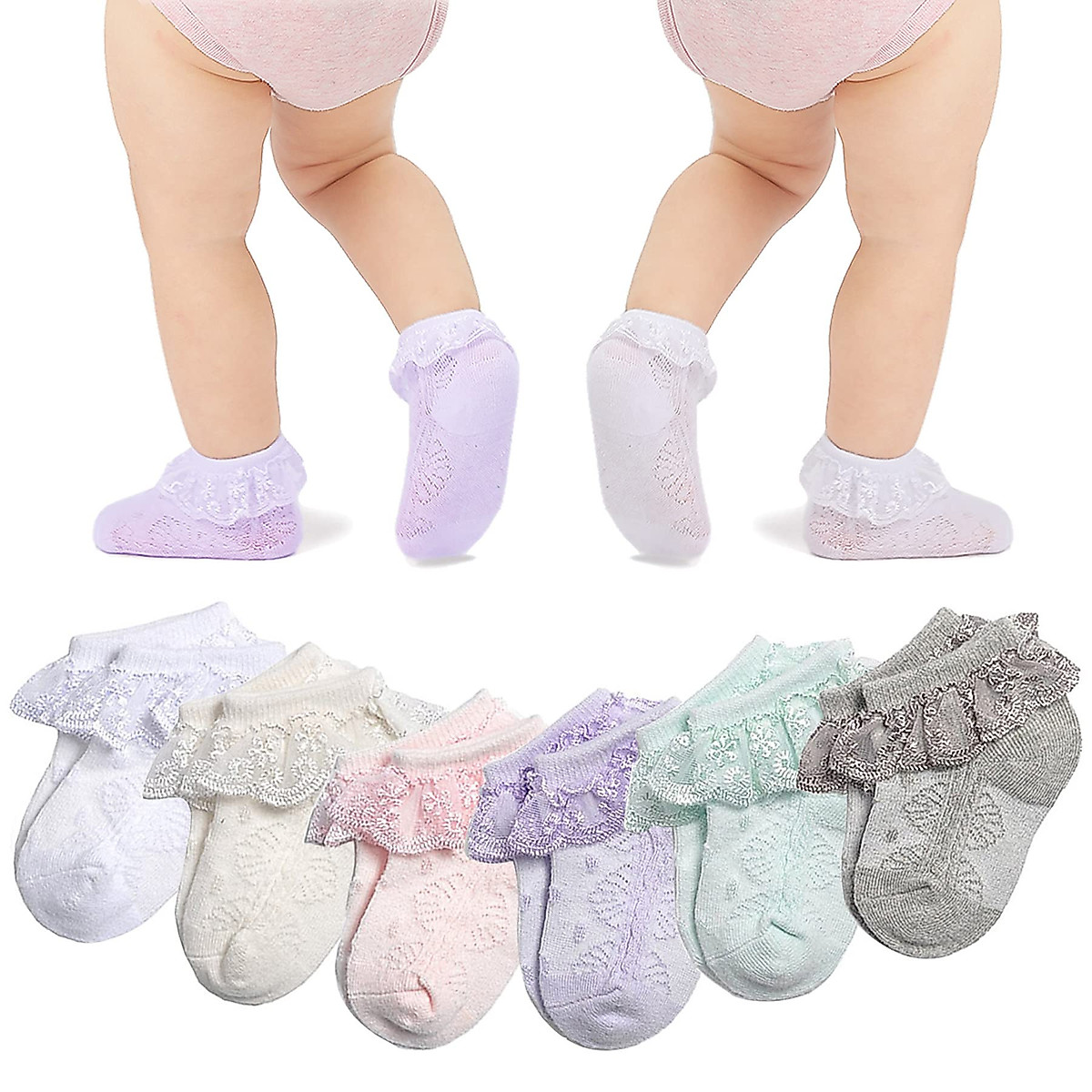 hakugoo Baby Girl Lace Socks Eyelet Ruffle Socks 6 Pairs Pack Princess Dress Socks Infant Toddler, White Ivory Pink Purple Green Grey,6-12 Months