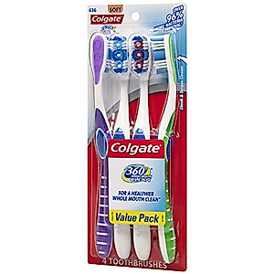 Colgate 360° Toothbrush with Tongue and Cheek Cleaner, Soft - 4 Count