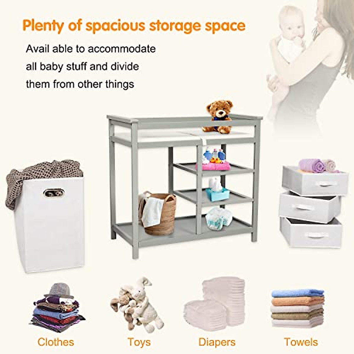 Kinbor Wood Baby Changing Table - Infant Diaper Changing Station and Dresser, Nursery Organizer with Pad, Laundry Hamper and 3 Storage Baskets, Gray