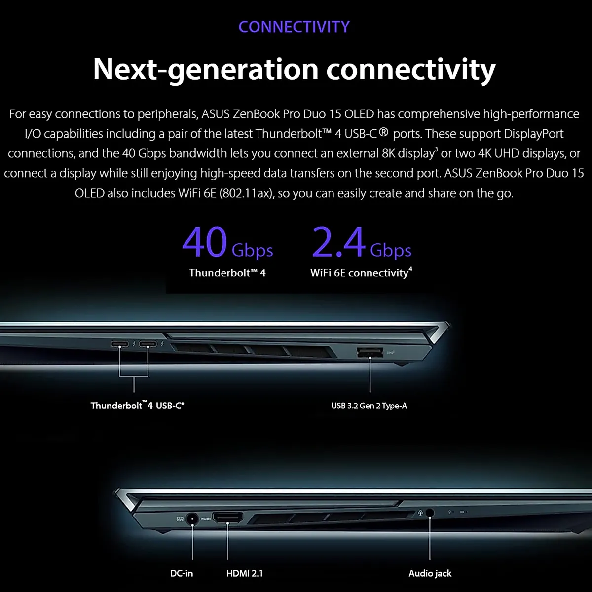 ASUS Zenbook Pro Duo 15 OLED Laptop, Intel Core i9-12900H, GeForce RTX 3070 Ti, 15.6" 4K UHD Touchscreen, 32GB LPDDR5 RAM, 1TB SSD, ScreenPad Plus, Pen, Wi-Fi 6, IR Camera, Win 11 Pro, Celestial Blue