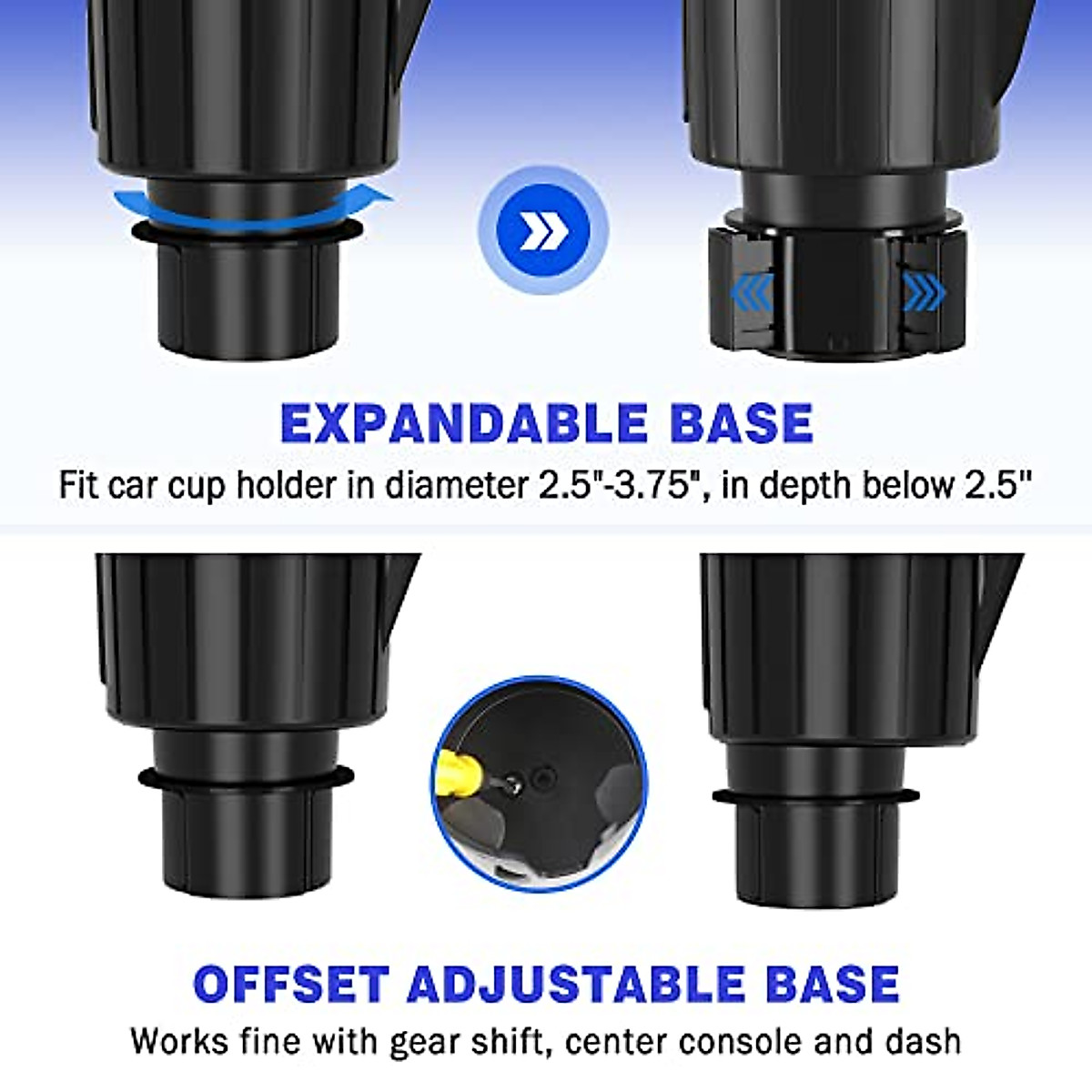 Upgraded 2 in 1 Car Cup Holder Phone Mount with Offset Adjustable Base, 360° Rotation Universal Compatible with iPhone Samsung Cell Phones and Yeti, Hydro Flasks, Other Large Bottles Mugs in 3.4"-4.0"