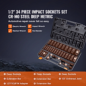 VEVOR 1/2" Drive Impact Socket Set, 34 Piece Socket Set Metric 8-36mm, 6 Point Cr-MO Alloy Steel for Auto Repair, Easy-to-Read Size Markings, Rugged Construction, Includes Storage Case