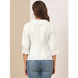 Allegra K Women's Cotton Lace Panel 3/4 Bubble Sleeve Ruffle Neck Blouse X-Small White