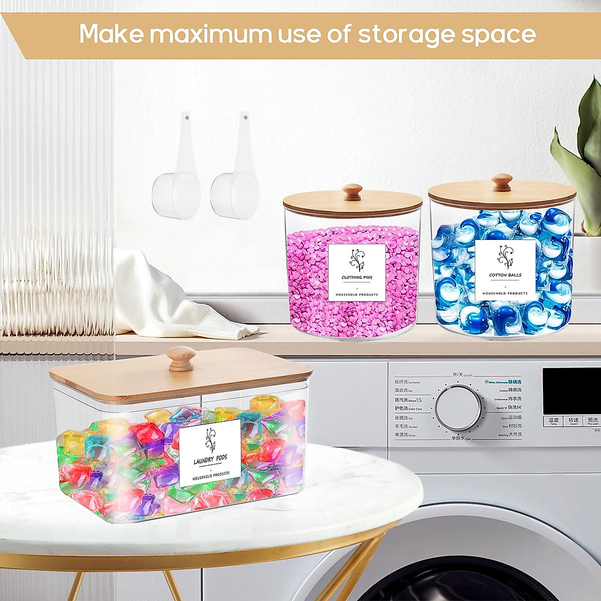 3 Pack Laundry Pods Container Dryer Sheet Holder, Containers for Laundry Room Organization and Storage Jars with Lids & Labels for Detergent, Pods, Scent Booster, Beads, 2 Spoons (Round+Square)