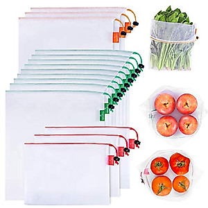 GOGOODA 15 Pcs Premium Reusable Produce Bags, 3 Size Lightweight Washable See Through Mesh Shopping Merchandise Bags with Drawstring, Toggle Tare Weight Color Tag (3 Large 9 Medium &3 Small), White
