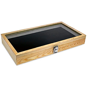 MOOCA Wooden Jewelry Display Case, Jewelry Organizer Case with Tempered Glass Top Lid & Removable Black Luxurious MDF Velvet Jewelry Display Pad, Natural Wood Colo