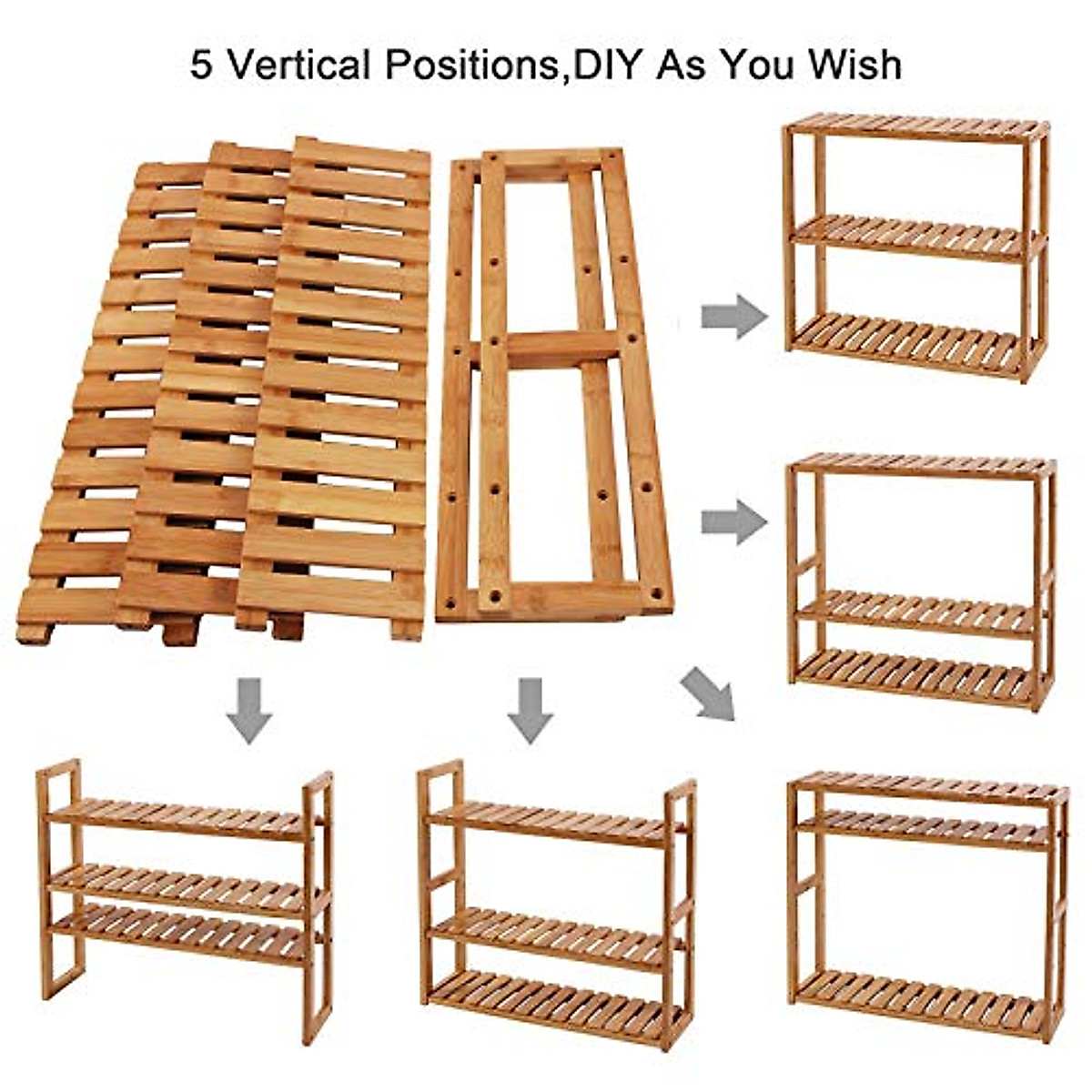 SONGMICS Bamboo Bathroom Shelf, 3-Tier Adjustable Plants Rack, Wall-Mounted or Stand, in the Living Room, Balcony, Kitchen, Natural UBCB13Y