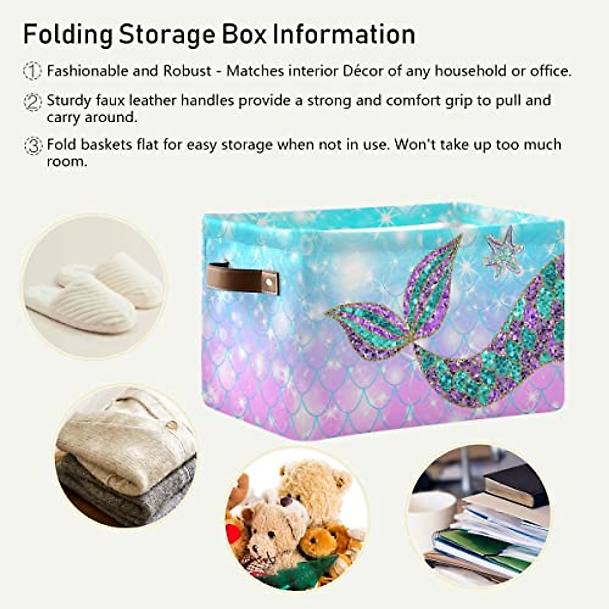 Rectangular Storage Basket Storage Bin - Mermaid Fish Scale Collapsible Storage Box with Leather Handles Shelf Basket Organizer for Home,Office,Nursery,Dorm,Shelf