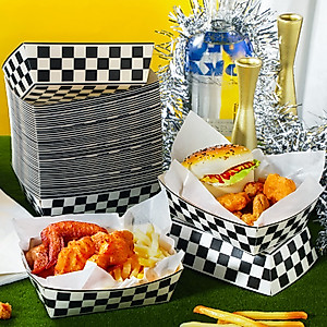 50 Pcs Checkered Paper Food Trays with 50 Deli Liner Disposable Racing Party Food Boat Black and White Plaid Food Serving Tray for Racing Theme Birthday Baby Shower Party Popcorn Nacho Snack Hot Dog