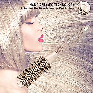 BANGMENG Round Brush with Boar Bristles, 1 inch Barrel, Nano Thermal Ceramic Ionic Tech for Straightening and Blow Drying, Gold