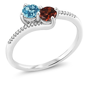 Gem Stone King 10K White Gold Forever United 2 Stone Swiss Blue Topaz and Red Garnet and Diamond Engagement Ring For Women (0.87 Cttw, Round, Avaiable in Size 5,6,7,8,9)