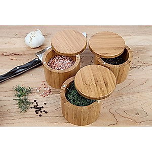 Lily's Home Round Bamboo Jar, Salt and Spices Storage Containers, Small 6oz Salt Box With Magnetic Lock. Set of 3 Wood Boxes