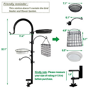 CQAIRIOU Upgraded Bird Feeding Station Kit,Deck Railing Bird Feeder Pole with 3 Hooks,Bird Bath,Mesh Tray and Suet Cage,Multi-Design Style,Used for Balcony Bird Feeder&Plant Hanger