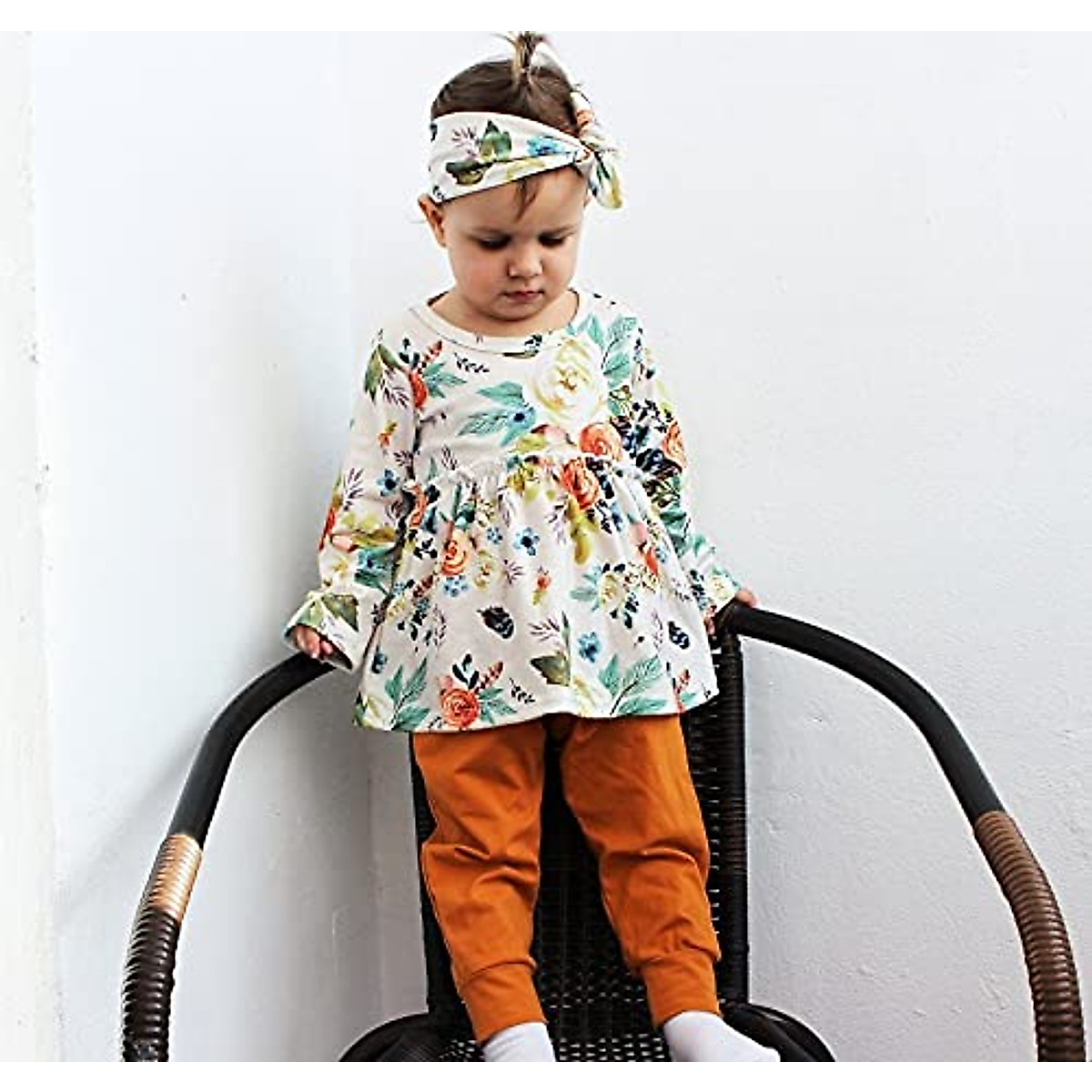 3PCS Baby Girl Clothes Ruffle Floral Shirt Tops Pants Headband Outfit Sets (Yellow, 9-12 Months)
