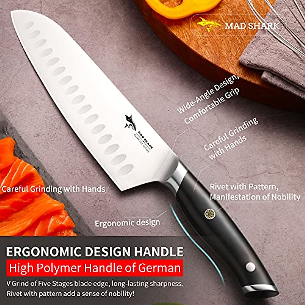 MAD SHARK Chef Knife, Professional 8 Inch Santoku Knife, Made of German High Carbon Stainless Steel, Non-stick Ultra Sharp Kitchen Knife with Ergonomic Handle, Finger Guard and Gift Box