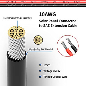 ELFCULB 10AWG 2FT Solar Connector to SAE Adapter 2 3.3 10 20 FT SAE Solar Panel Extension Cable with SAE Polarity Reverse Adapter for Solar Panels Car Battery Charger Kit