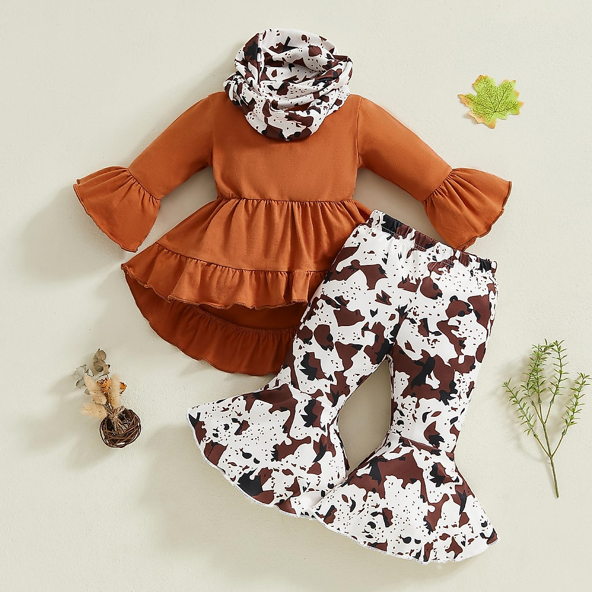 Emmababy Toddler Baby Girl Clothes Long Sleeve Cow Print OutfitT-Shirt + Flare Pants Bell-Bottom Tie Dye Leggings Set 0-4T (3PCS brown, 12-18 Months)