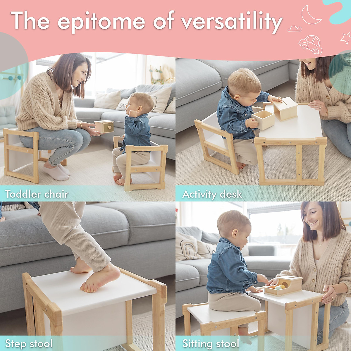 Kiddy Glee Montessori Weaning Table and Chair Set for Toddlers - Premium Wood Design for Childs Age 1-5, Kids Activity Table for Learning/Dining/Playing, Cube Chair, Lalo, 5 in 1 Montessori Furniture