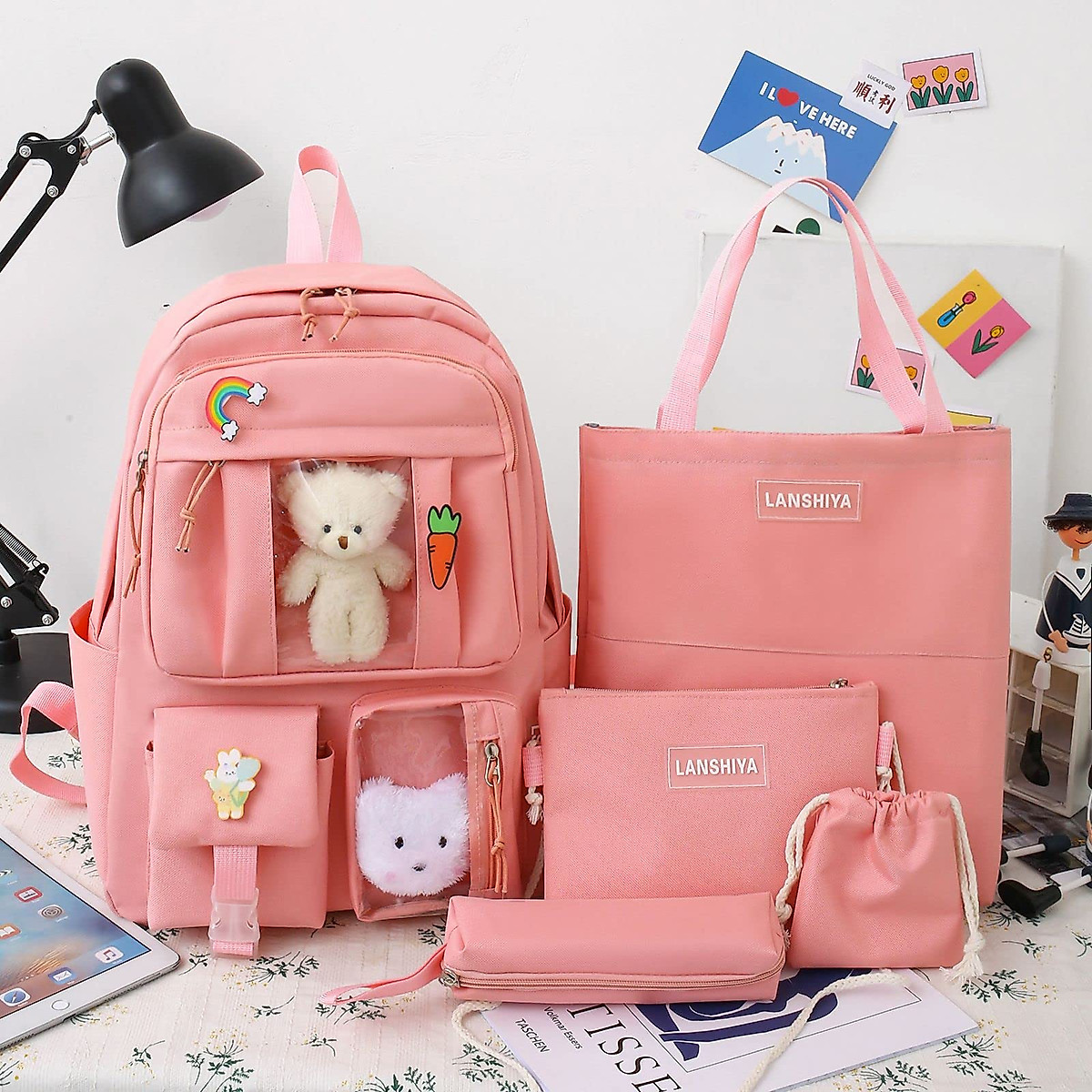 YGYCF Kawaii Backpack 5Pcs Set for Student with Cute Bear Accessories - School Bags for Teen Girls Back to School Supplies Essentials Aesthetic Bookbag, A Pink
