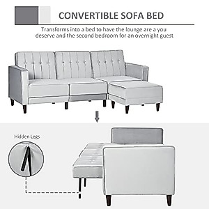 HOMCOM Upholstered L-Shaped Sofa Bed, Reversible Sectional Recliner Sofa Set, Velvet-Feel Sleeper Futon with Footstool, Grey