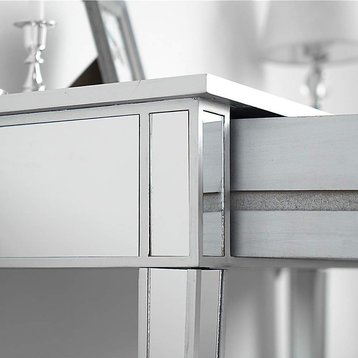 Mirrored Console Table with 2 Drawer, Silver Mirrored Makeup Dressing Table Vanity Desk, Modern Writing Desk Media Table for Bedroom Entryway Home Office