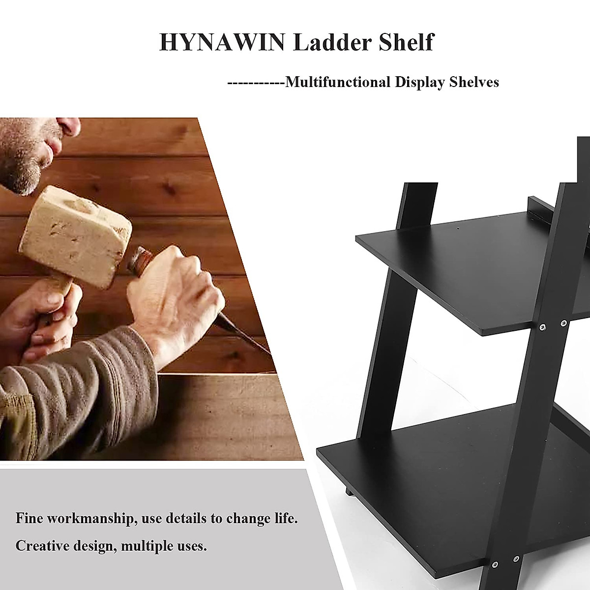 HYNAWIN Ladder Shelf 5 Tier Bookcase, Multipurpose Plant Flower Stand Bookshelf Storage Rack Shelves, Wood Look Accent Bamboo Frame Modern Furniture Home Office (Black)