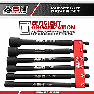 ABN Impact Nut Driver Tool Set - 6pc SAE 6 IN Long Shank Nut Driver Bits Magnetic Tip Sockets, 1/4 IN Hex Shank