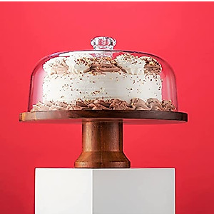 Godinger Footed Cake Plate, Acacia Wood and Shaterproof Acrylic Lid, Cake Stand with Dome