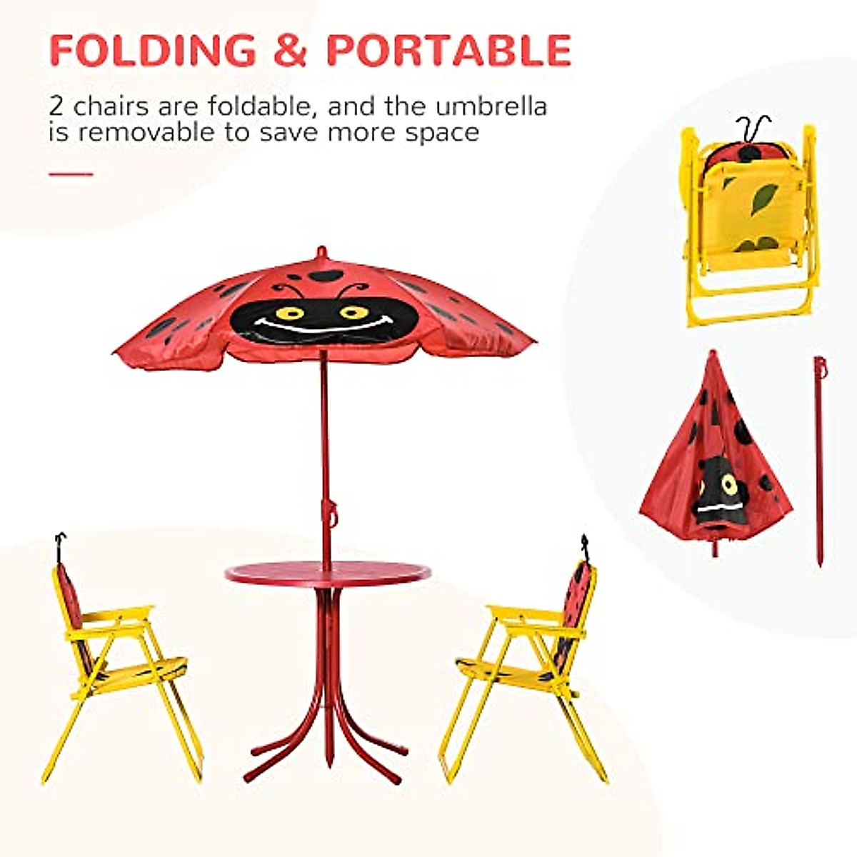 Outsunny Kids Table and Chair Set, Outdoor Folding Garden Furniture, Picnic Table for Patio Backyard, with Ladybug Pattern, Removable & Height Adjustable Sun Umbrella, Aged 3-6 Years Old, Red