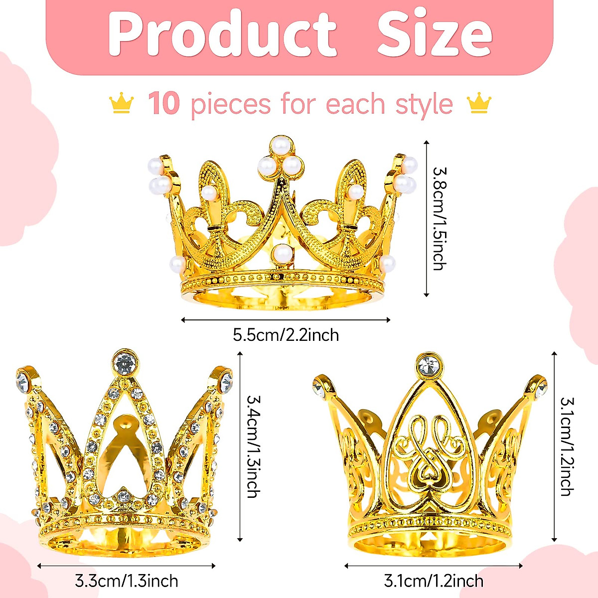 30 Pcs Gold Crown Cake Topper Mini Small Crowns Pearl Rhinestone Princess Cupcake Toppers for Flower Arrangements Glittering Cake Decoration for Girl Lady Bridal Wedding Birthday Party, 3 Style