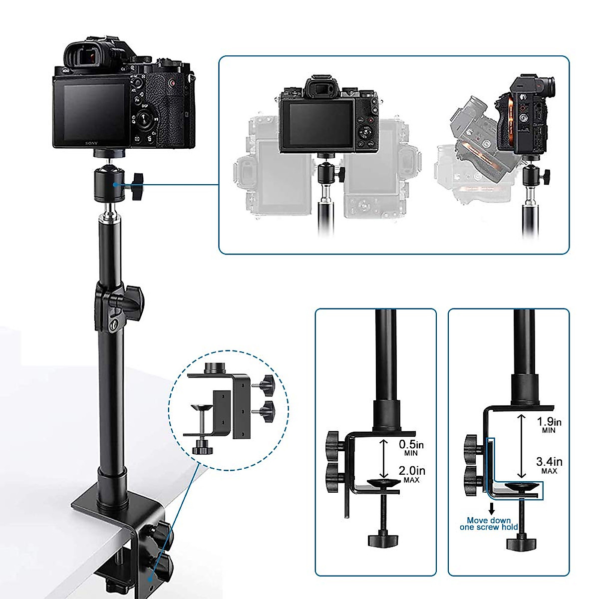 Desk Mount Stand, 2 Pack DSLR Camera Desk Mount C Clamp Light Stand, 13.7" ~23.2" Photographic Light Boom Stand with 360° Ball Head for Camera, Ring Light, Video Light, Video Conference Light